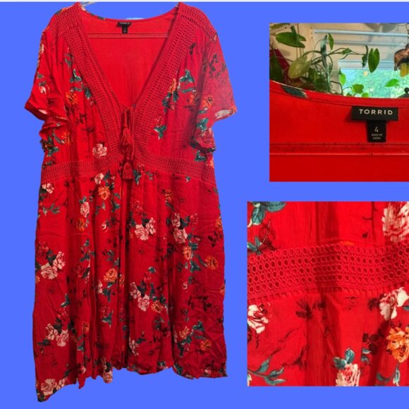 Dresses | Torrid Red Floral Smocked Boho Dress Size 4 | Poshmark